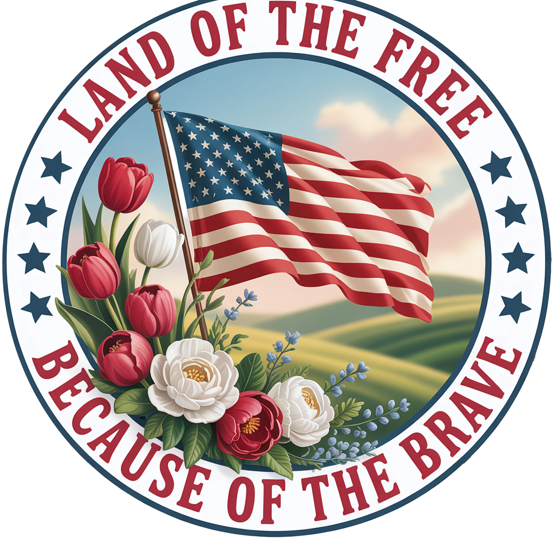 Land of the Free, Because of the Brave American Flag with Flowers Acce ...