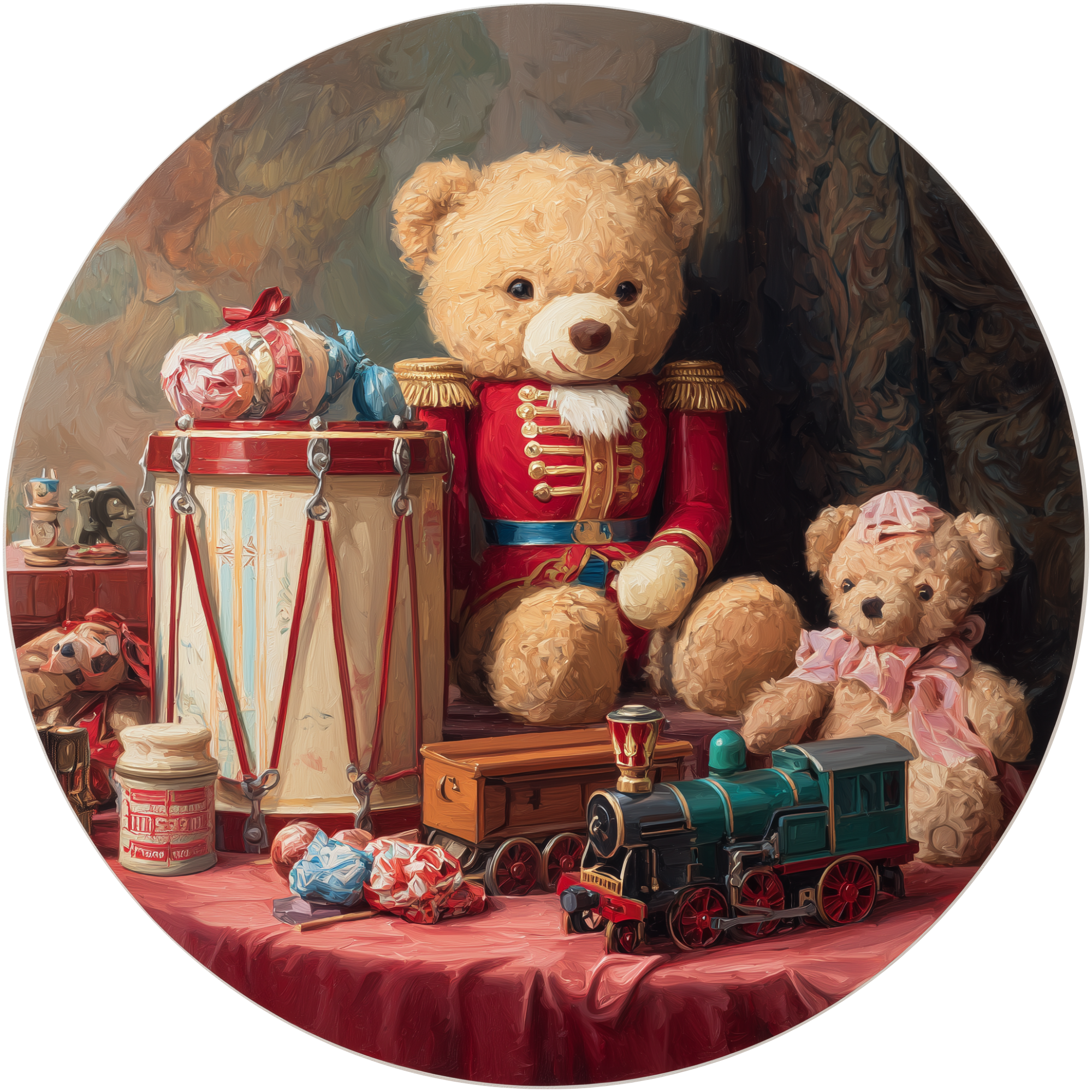 Vintage Christmas Life with Teddy Bear Soldier Drum and Toy Train Acce ...