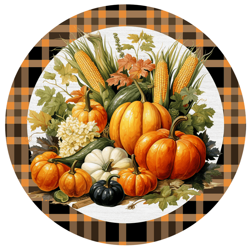Fall Metal Sign: CORN & PUMPKIN - Wreath Accent - Made In USA - BBCrafts